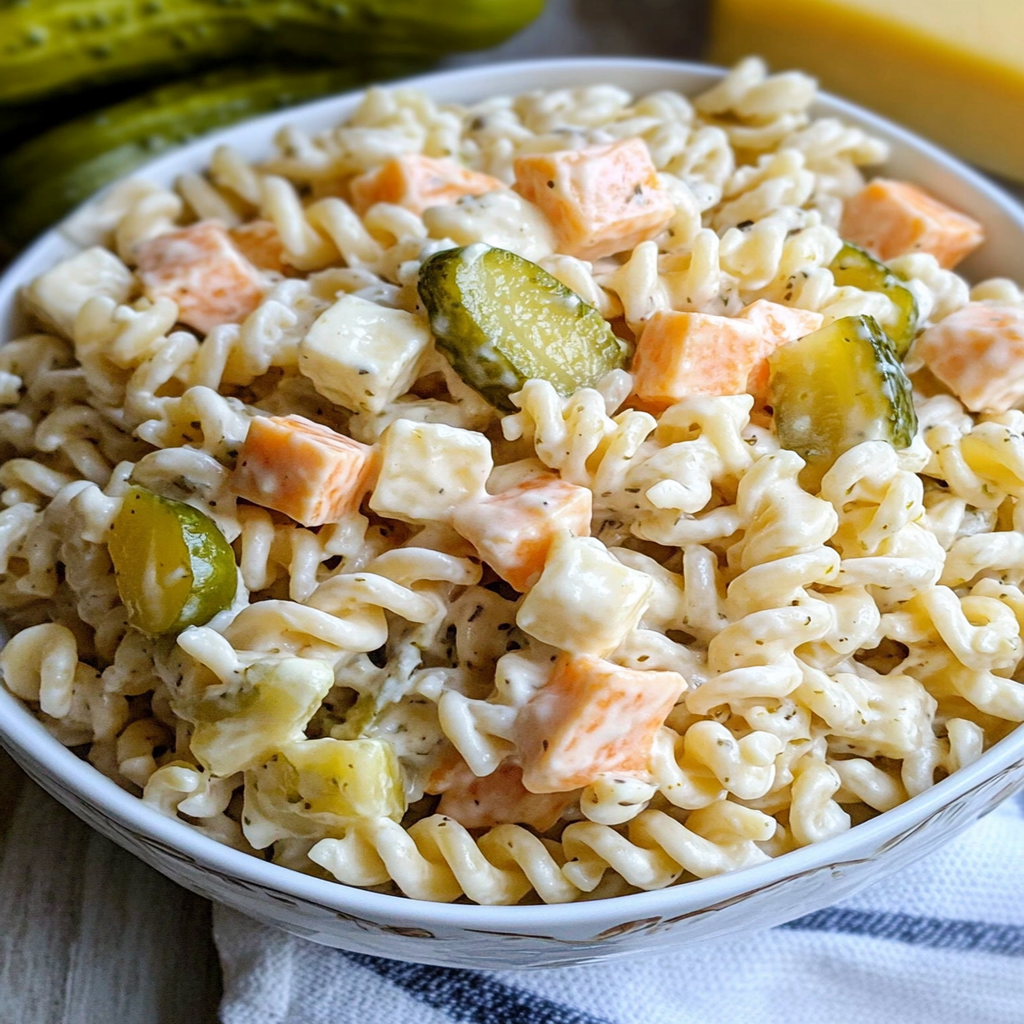 Dill Pickle Pasta Salad with Cheddar Cubes