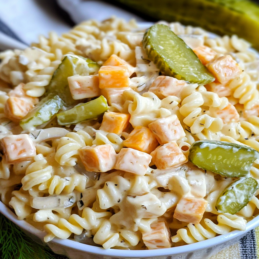 Dill Pickle Pasta Salad with Cheddar Cubes